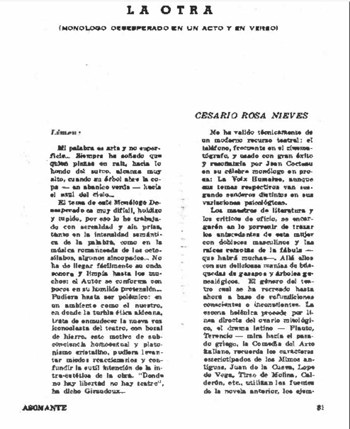 LA OTRA: Análisis del Monólogo en un Acto de Cesáreo Rosa Nieves - Studocu