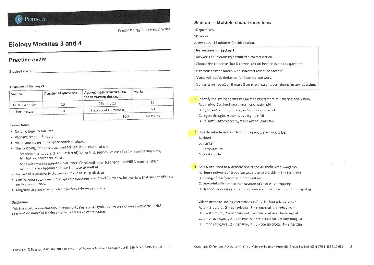 Biology 11 NSW Module 3 Revision: Practice Exam Questions and Answers ...