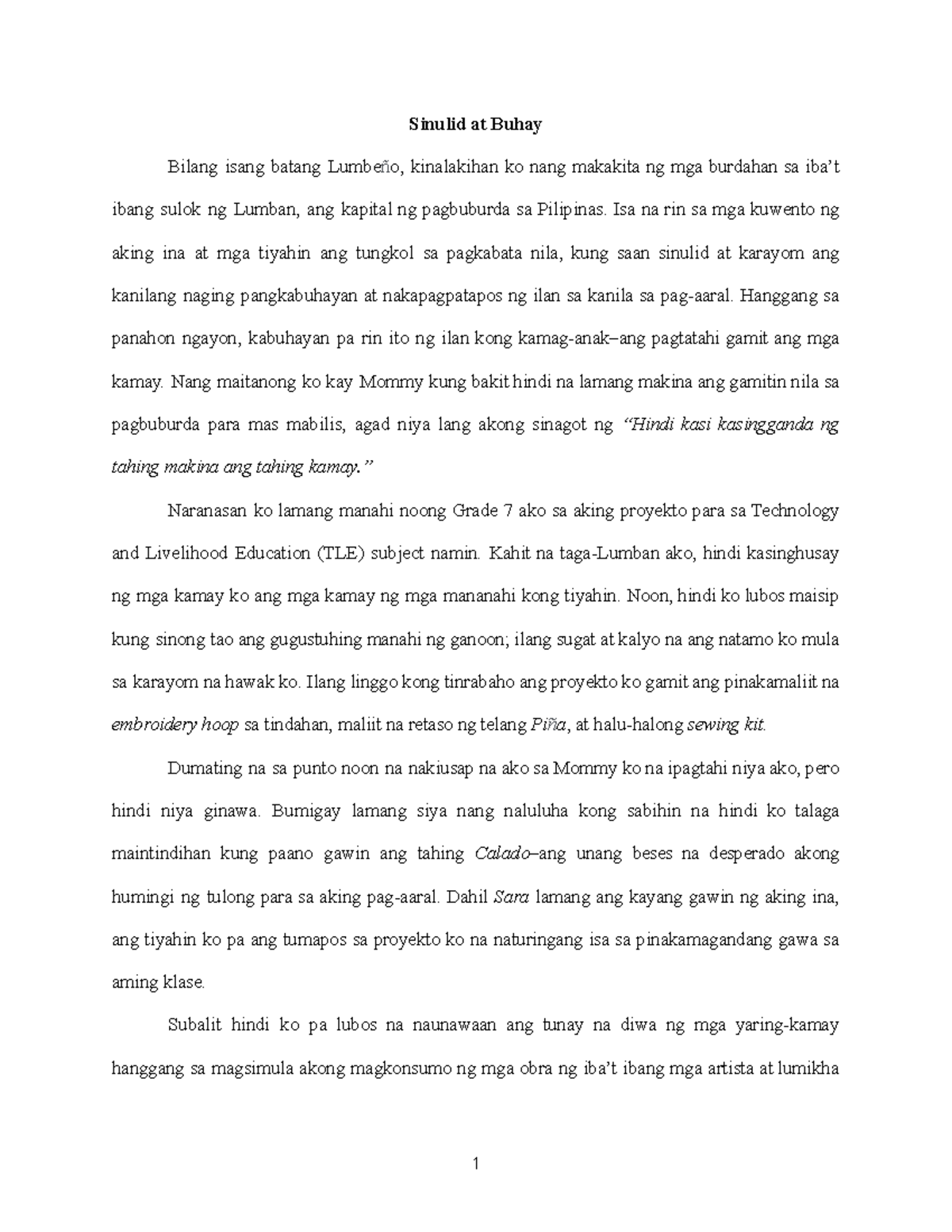 Sinulid at Buhay: Isang Pagsasalamin sa Kultura ng Lumban - Studocu