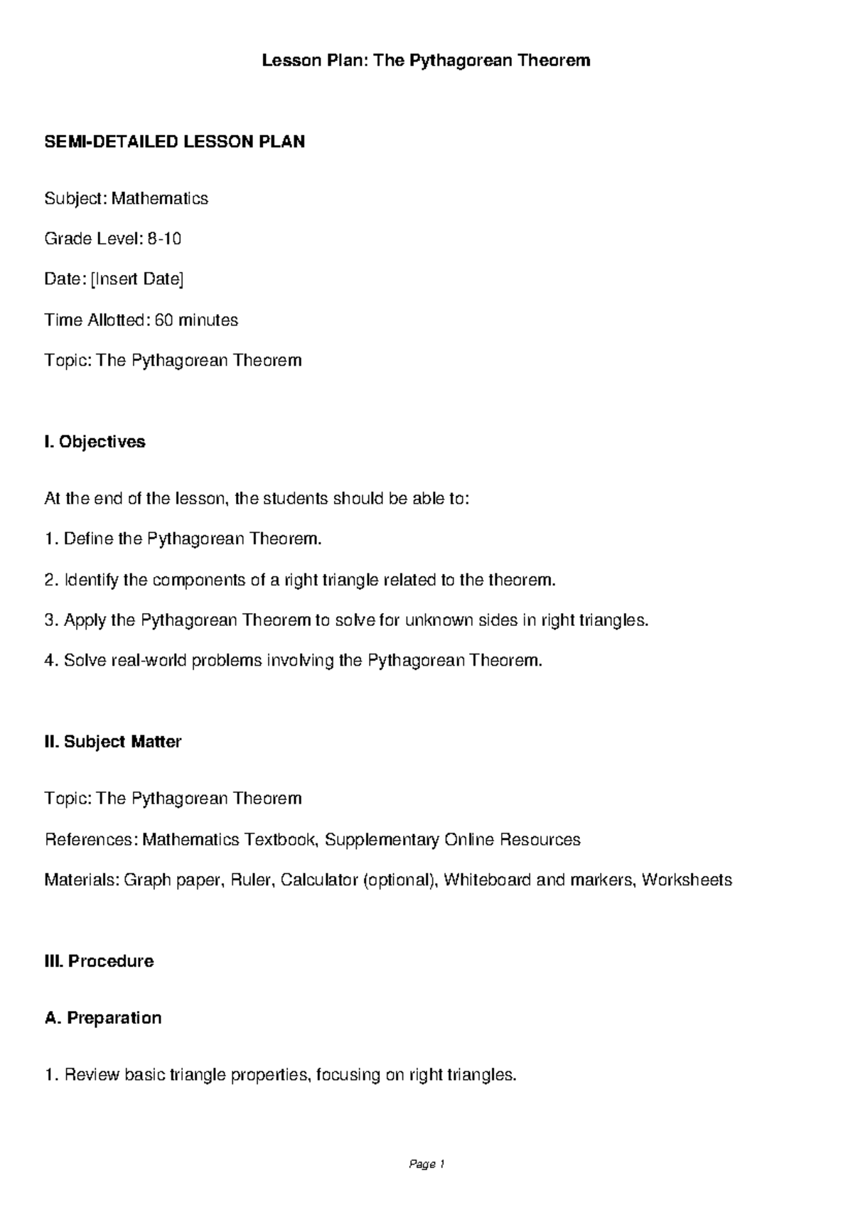 Pythagorean Theorem Lesson Plan - Lesson Plan: The Pythagorean Theorem ...