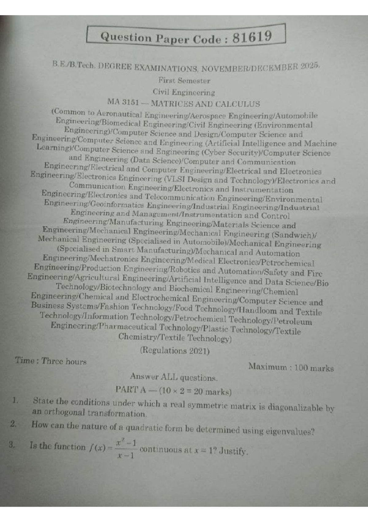 MA 3151 Matrices and Calculus Nov-Dec 2025 Exam Question Paper - Studocu