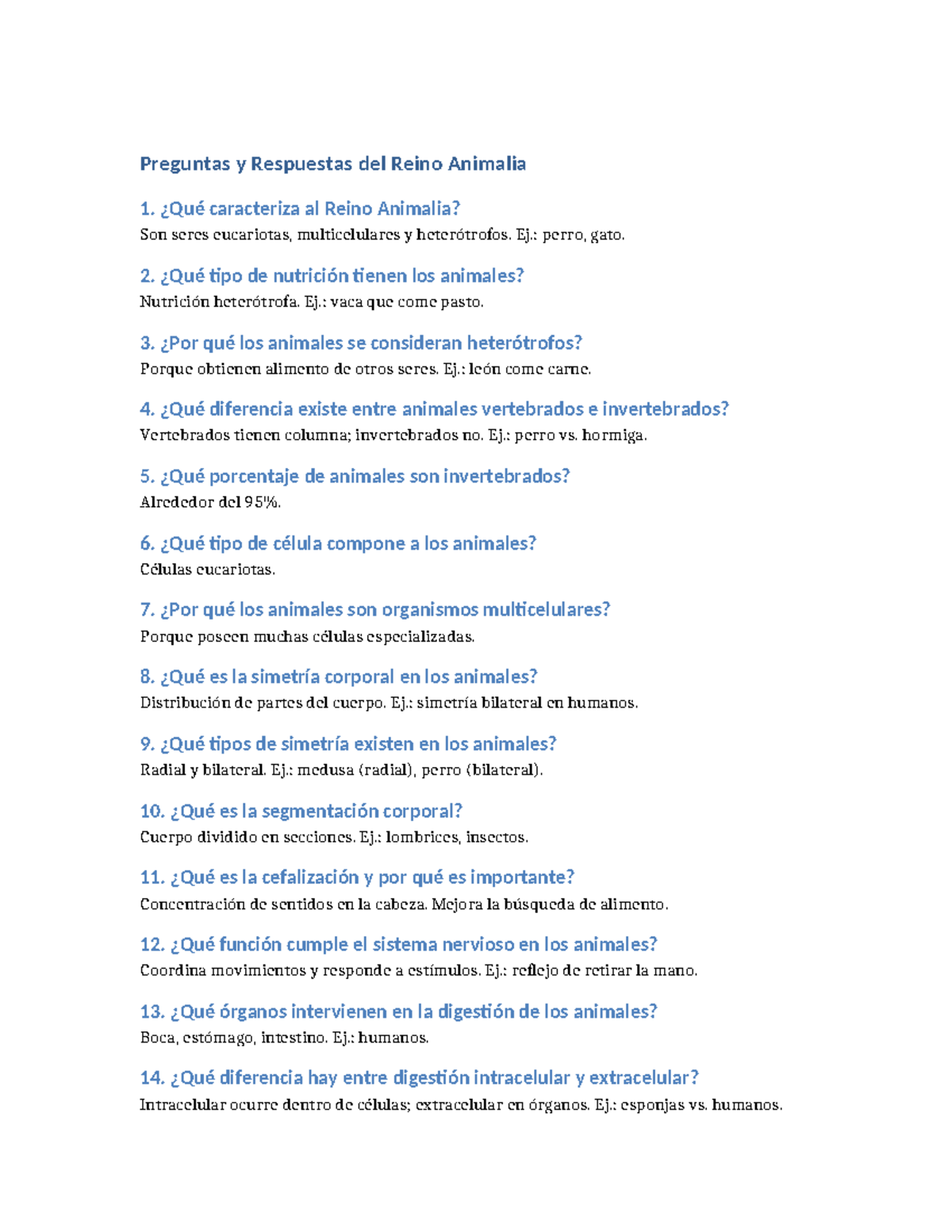 Preguntas y Respuestas sobre el Reino Animalia (1-50) - Studocu