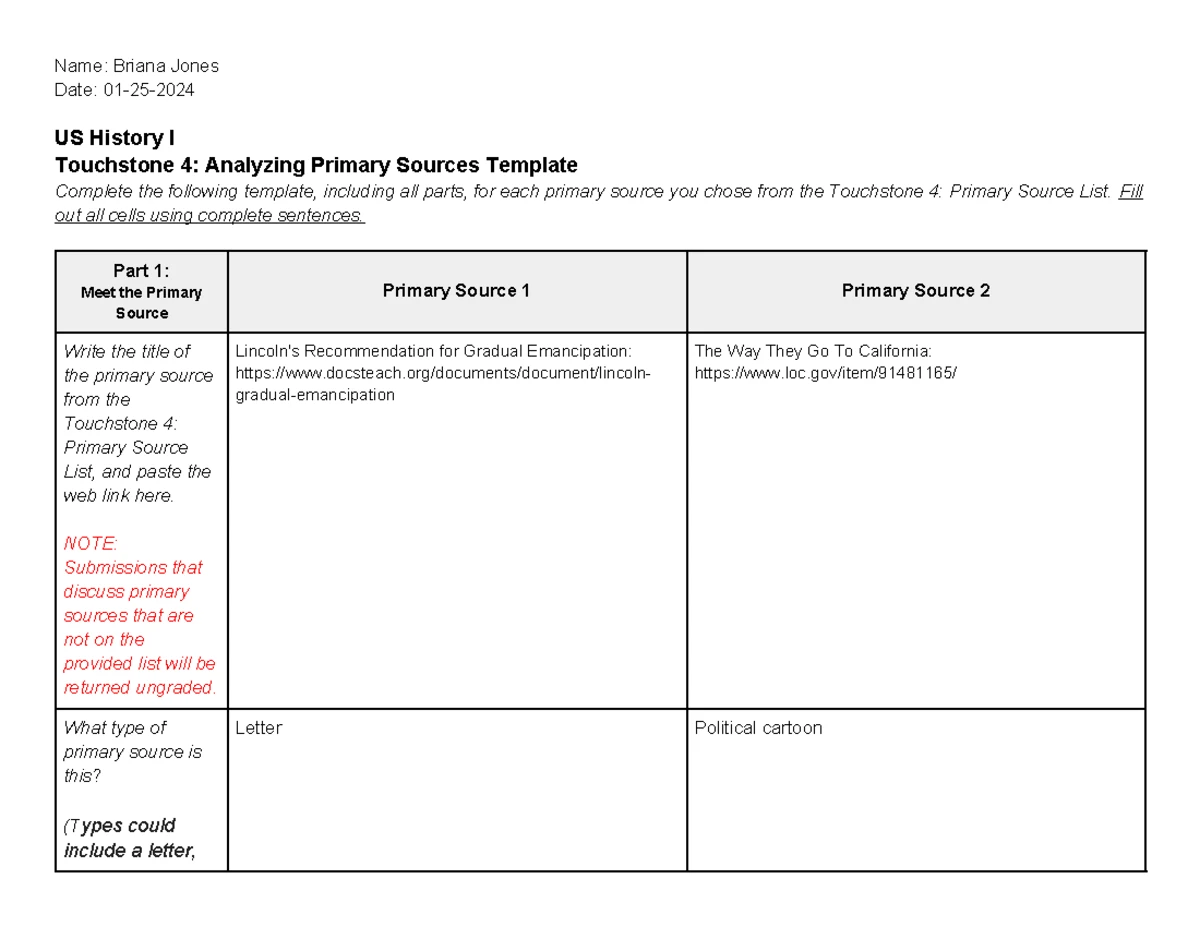 US History I Touchstone 4: Analyzing Primary Sources and Context - Studocu