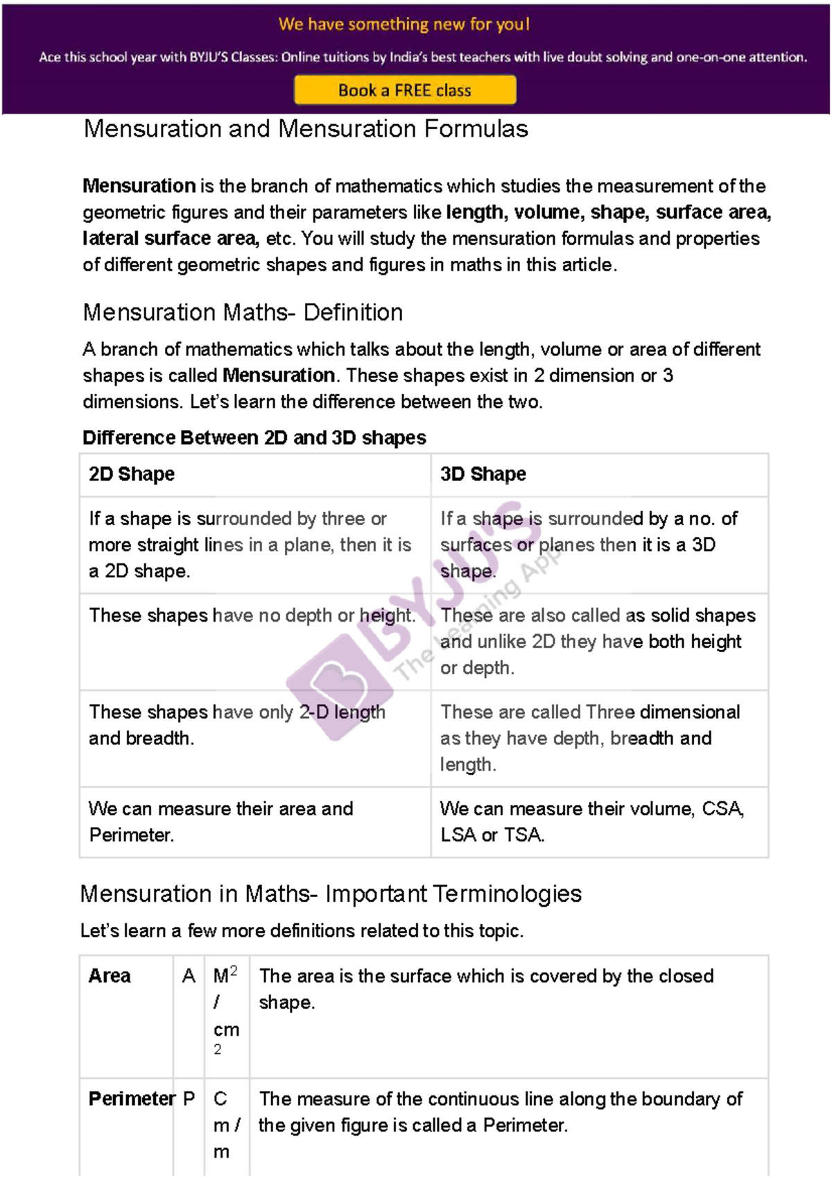 Mensuration Formulas for 2D and 3D Shapes: A Comprehensive Guide - Studocu