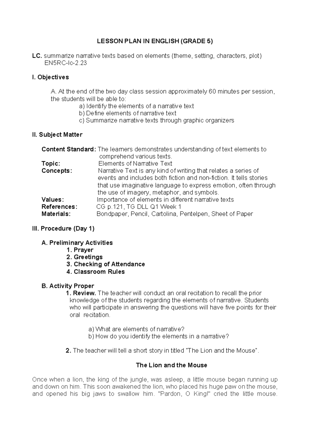 EN5RC-Ic-2 Lesson Plan: Summarizing Narrative Elements for 5th Grade ...