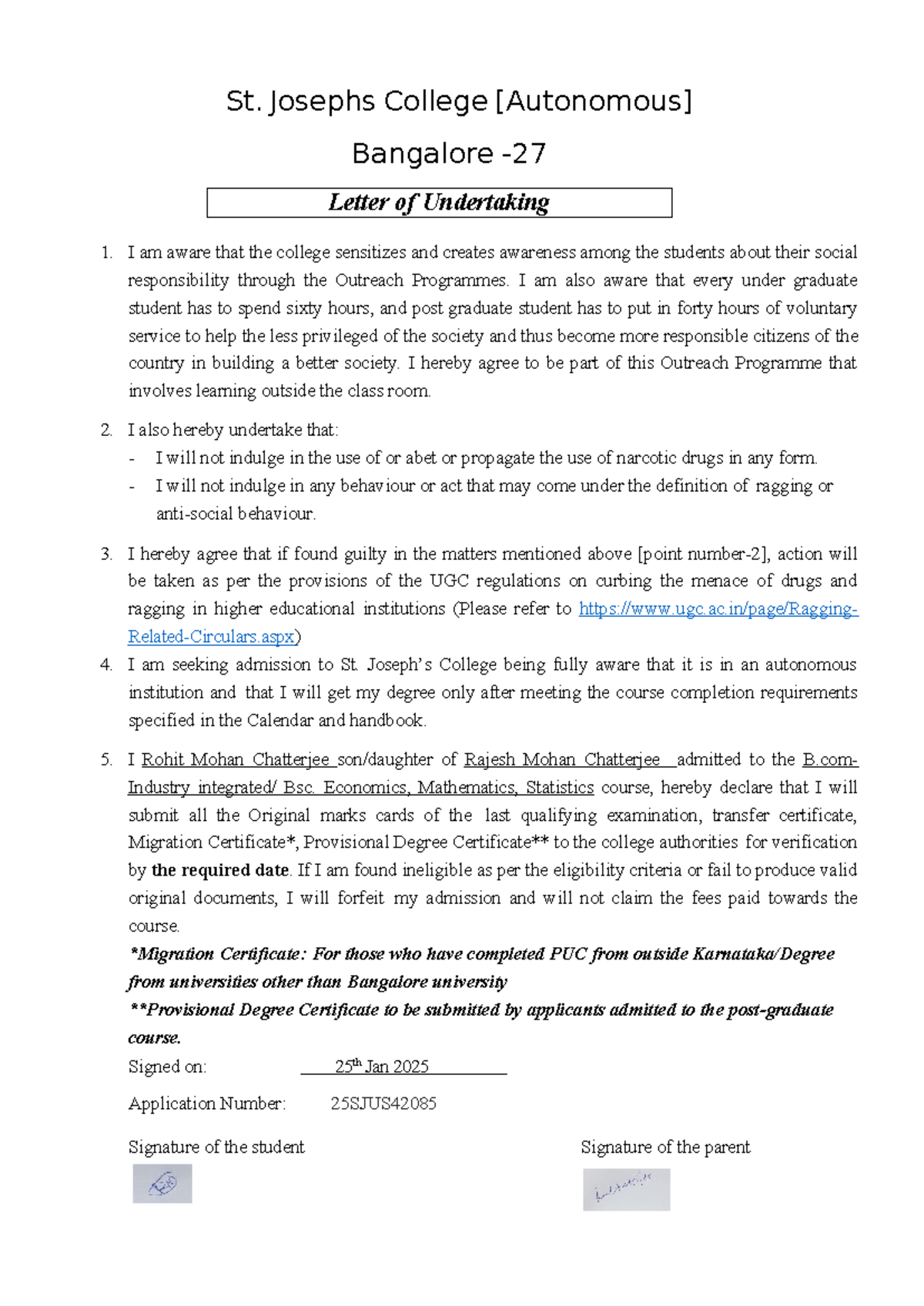 Letter of Undertaking for BSc Economics Admission - St. Josephs College ...