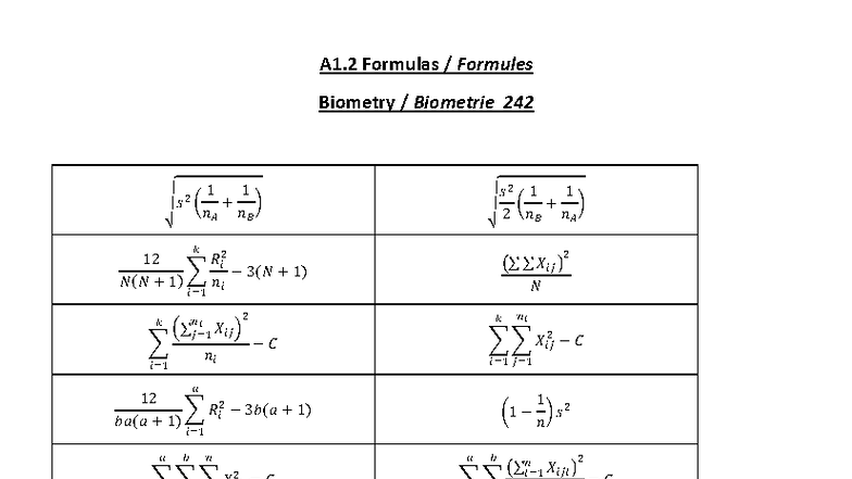 Formulas for A1 - A1 Formulas / Formules Biometry / Biometrie 242 !𝑠! 1 𝑛" + 1 𝑛# '! 𝑠! 2 1 𝑛 ...