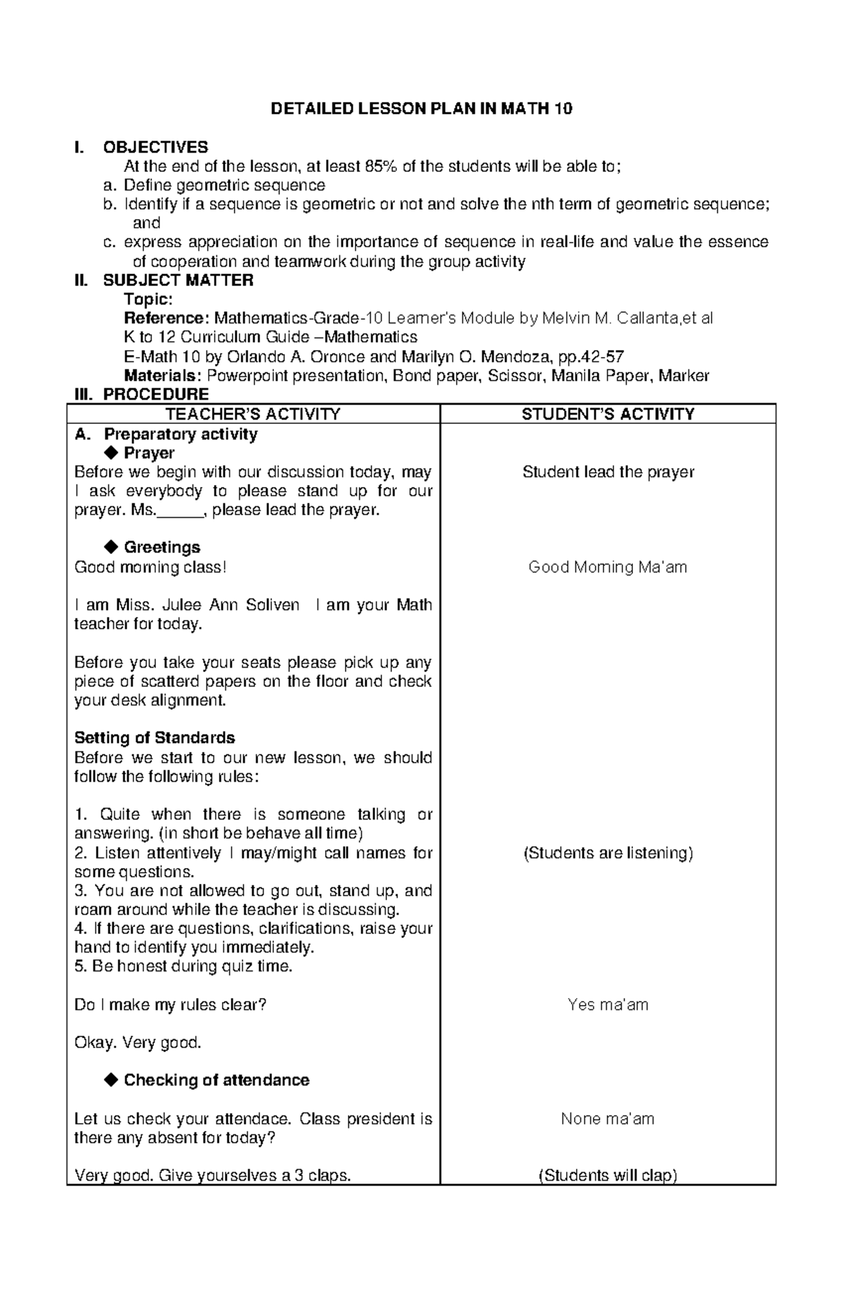 Math 10: Detailed Lesson Plan on Geometric Sequences - Studocu