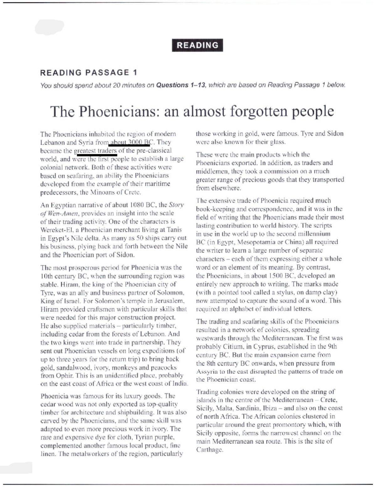 Phoenicians: Trade, Writing, and Cultural Legacy - Reading Passage 1 ...