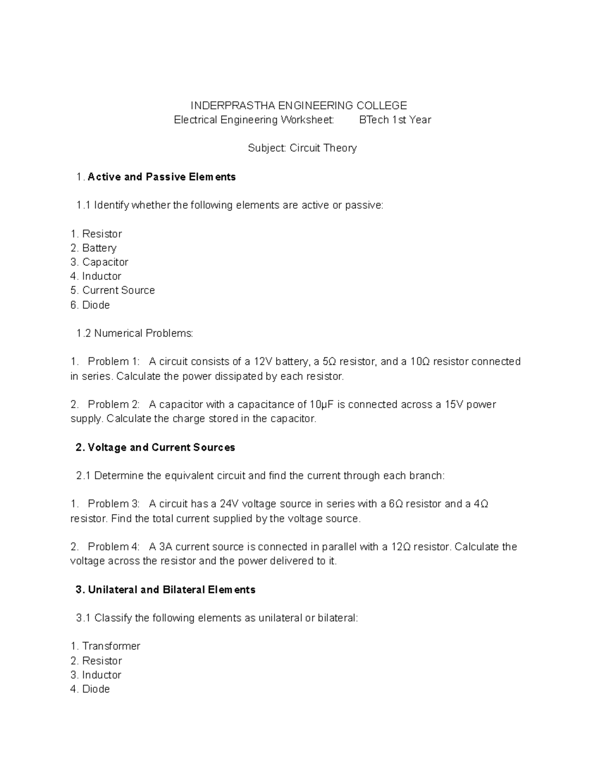 Worksheet 1 Electrical Engineering - INDERPRASTHA ENGINEERING COLLEGE ...