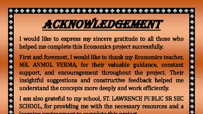 Acknowledgement for Economics Project - Class XII - Studocu