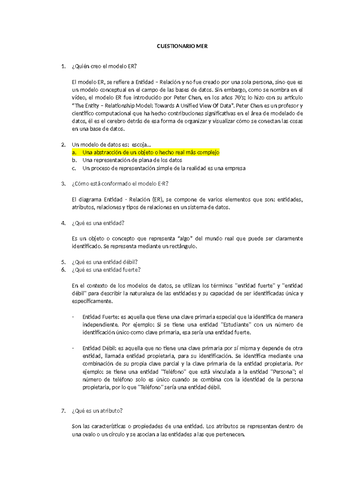 Cuestionario MER: Modelo Entidad-Relación y sus Componentes - Studocu