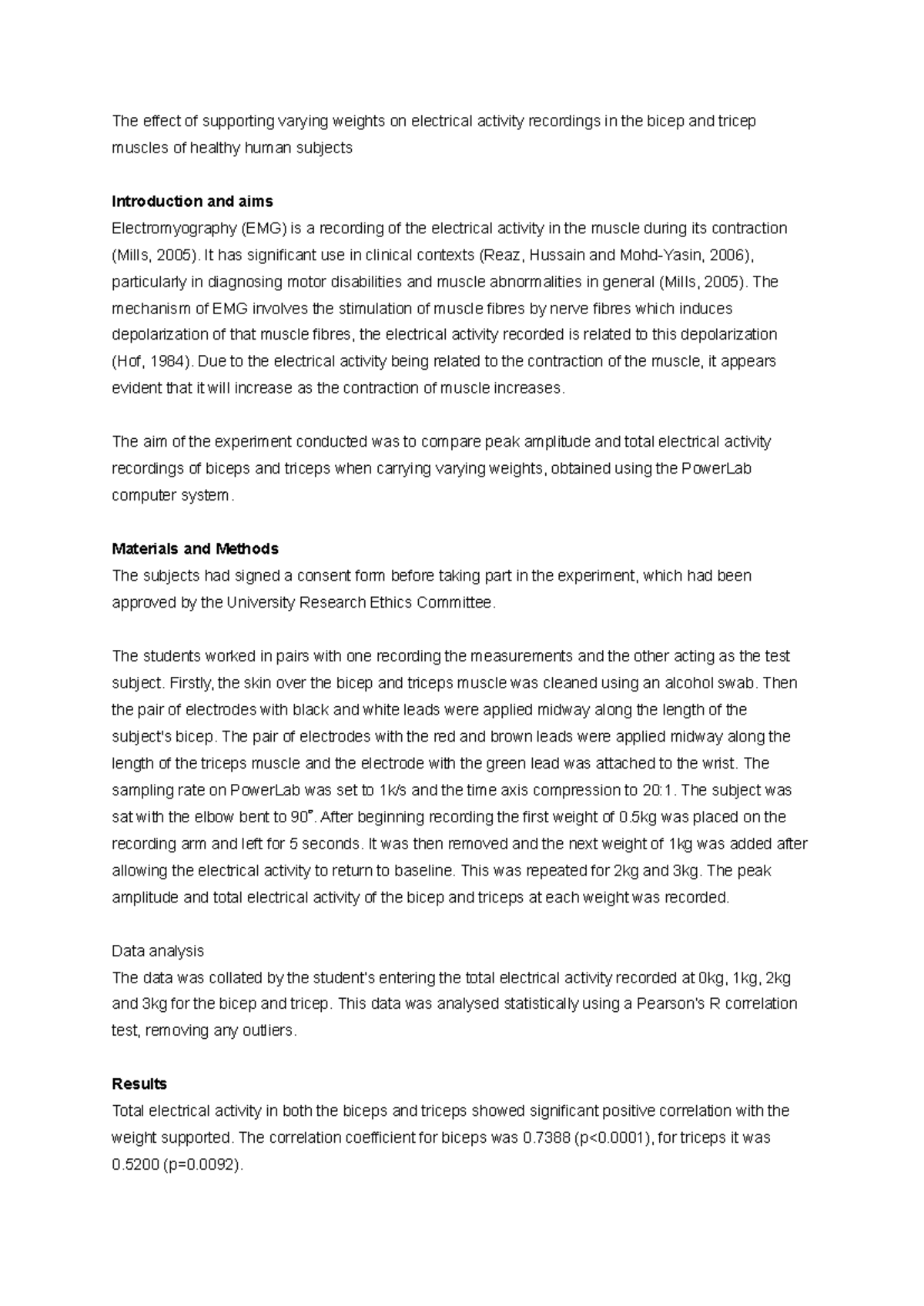 Lab Report: EMG Analysis of Bicep & Tricep Activity with Varying ...