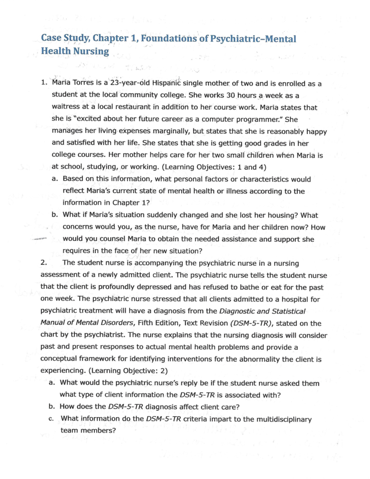 MH Case Study #1: Mental Health & Nursing Diagnosis Insights - Studocu