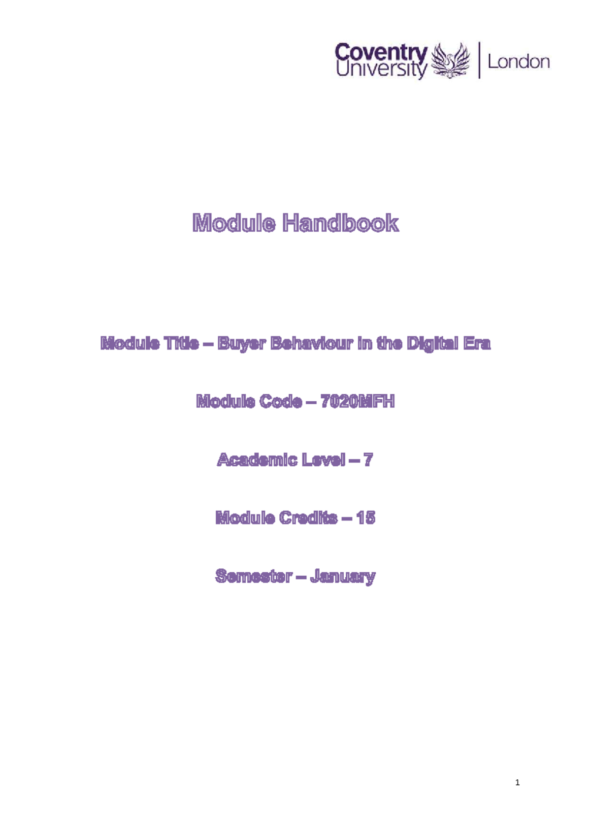 7020MFH Module Handbook: Buyer Behaviour and Assessment Guide - Studocu