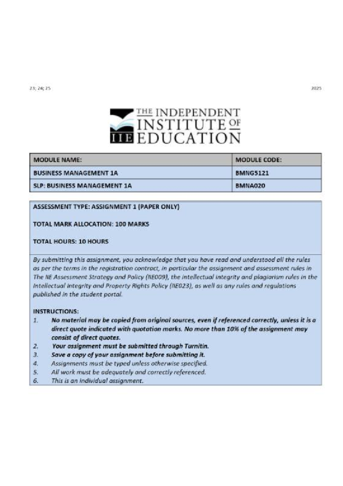 Business Management 1A (BMNG5121) Assignment 1: Entrepreneurial Process ...