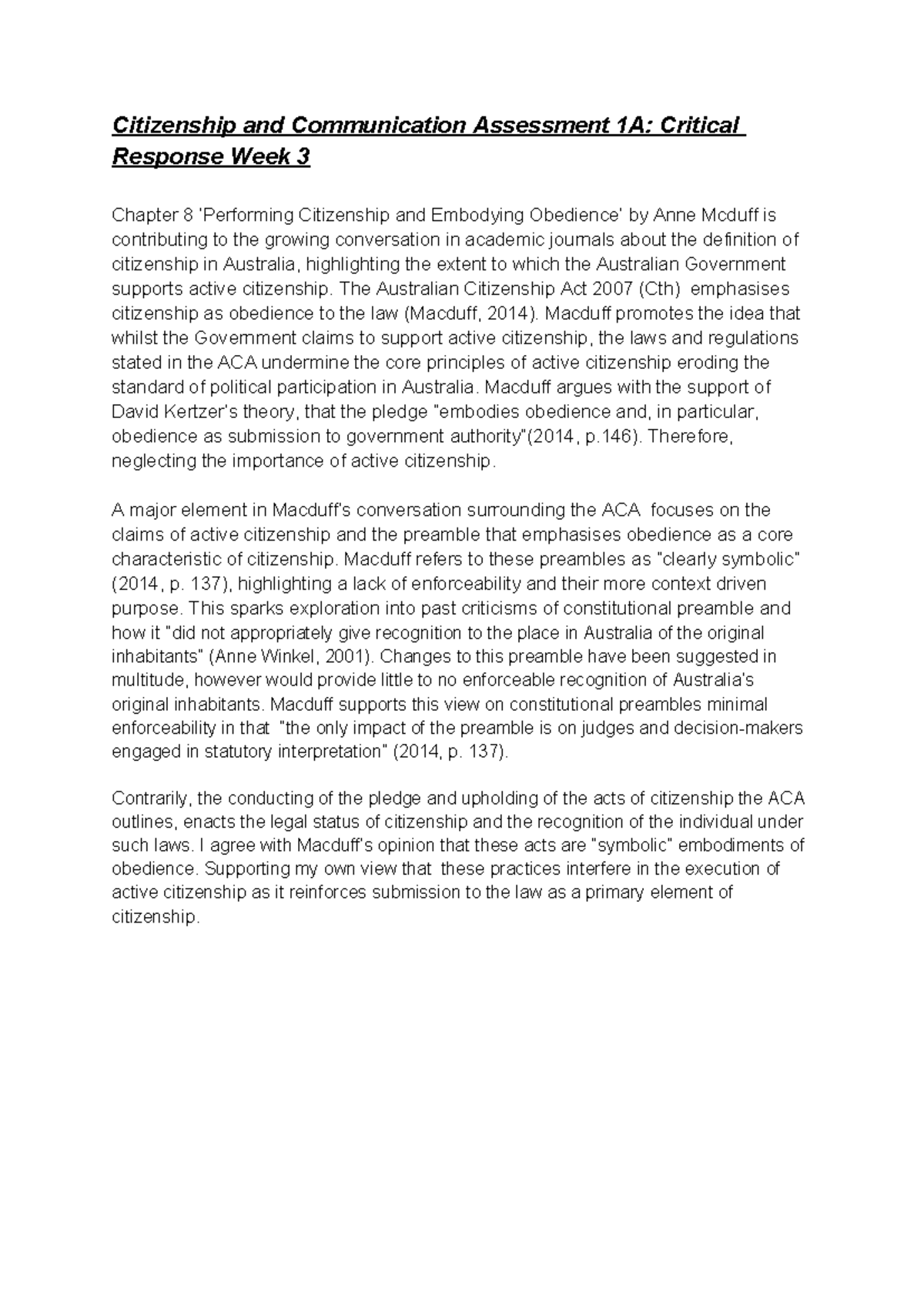Citizenship & Communication Assessment 1A: Critical Response Week 3 ...