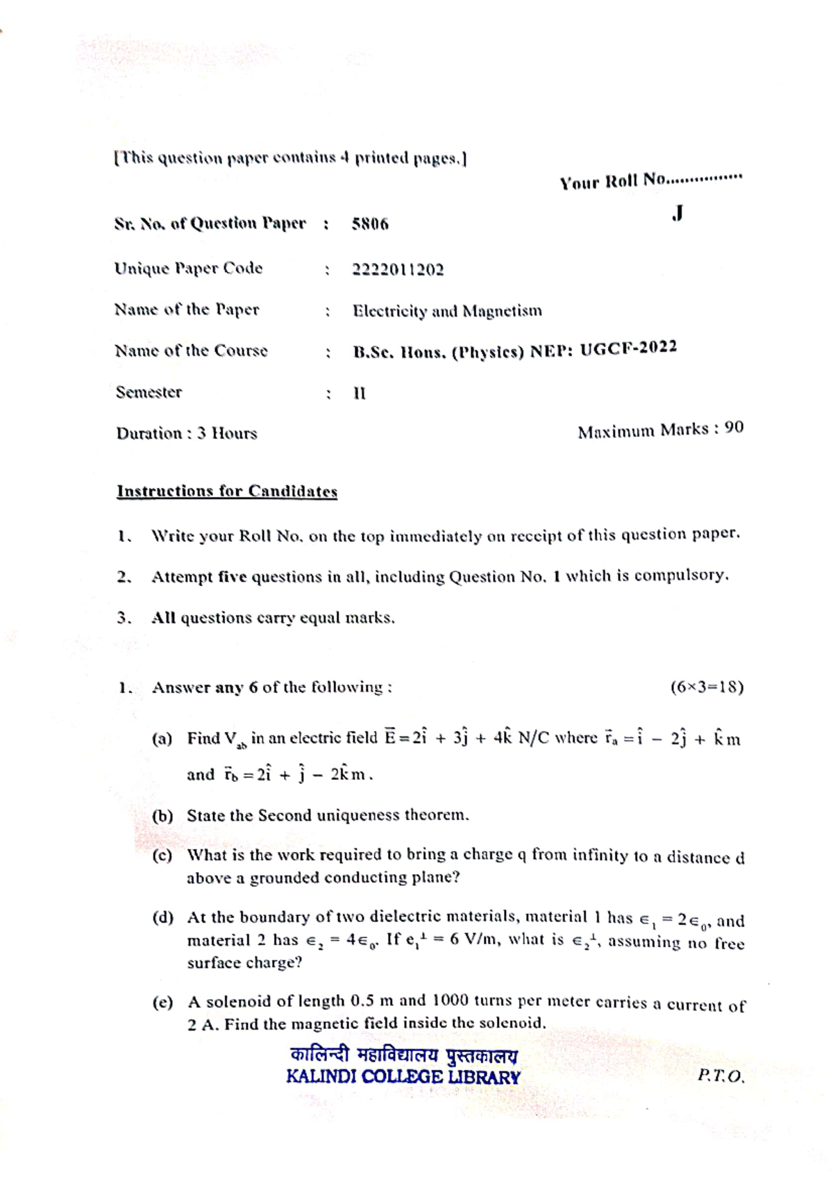 Electricity and Magnetism, B.Sc. Hons. (Physics) Sem II, PYQ 5806 - Studocu