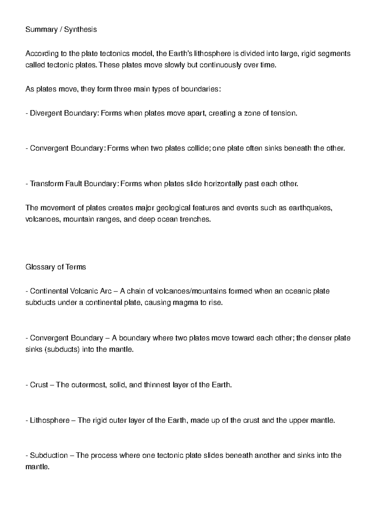 Plate Tectonics Model Summary: Boundaries & Geological Features - Studocu