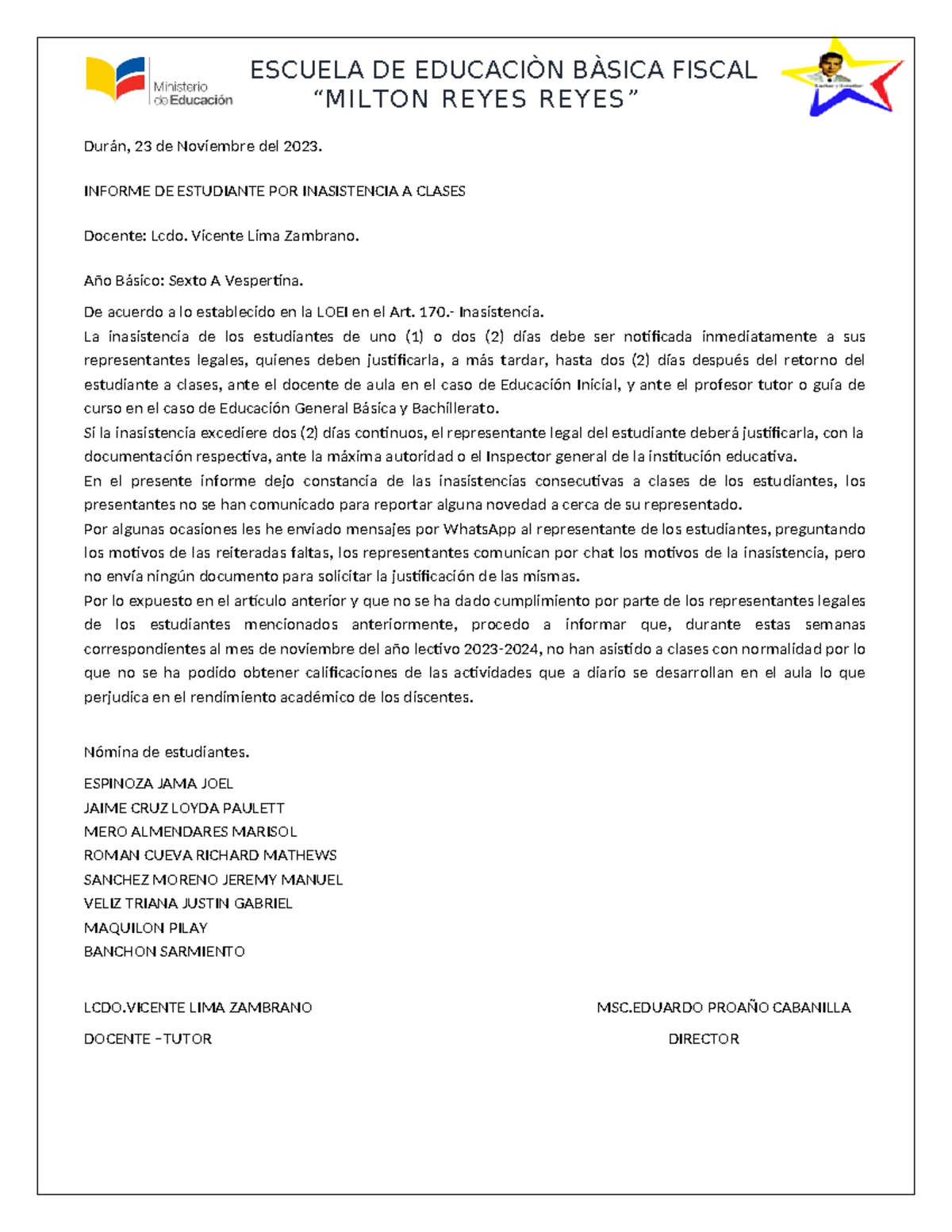 Ejemplo De Cartas De Asistencia Escolar
