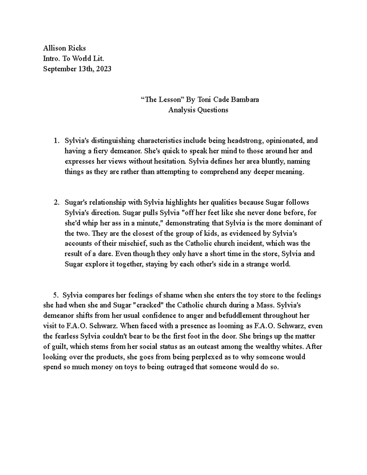 World Literature Analysis Questions - Intro to Lit HW - Allison Ricks ...