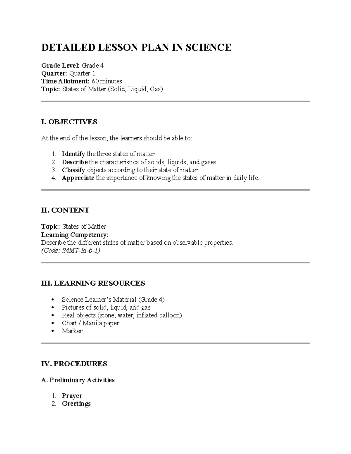 Grade 4 Science Lesson Plan: States of Matter (Quarter 1) - Studocu