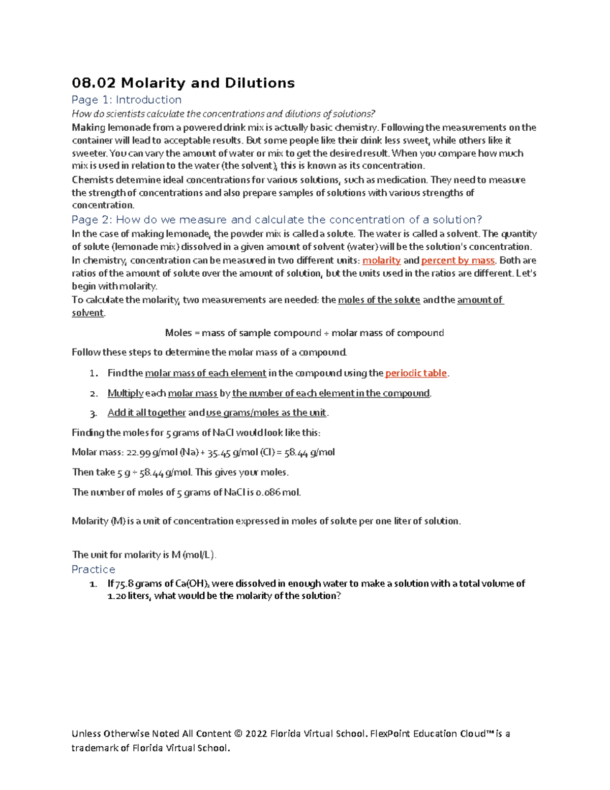 8.02 chemistry notes - Molarity and Dilutions - 08 Molarity and ...