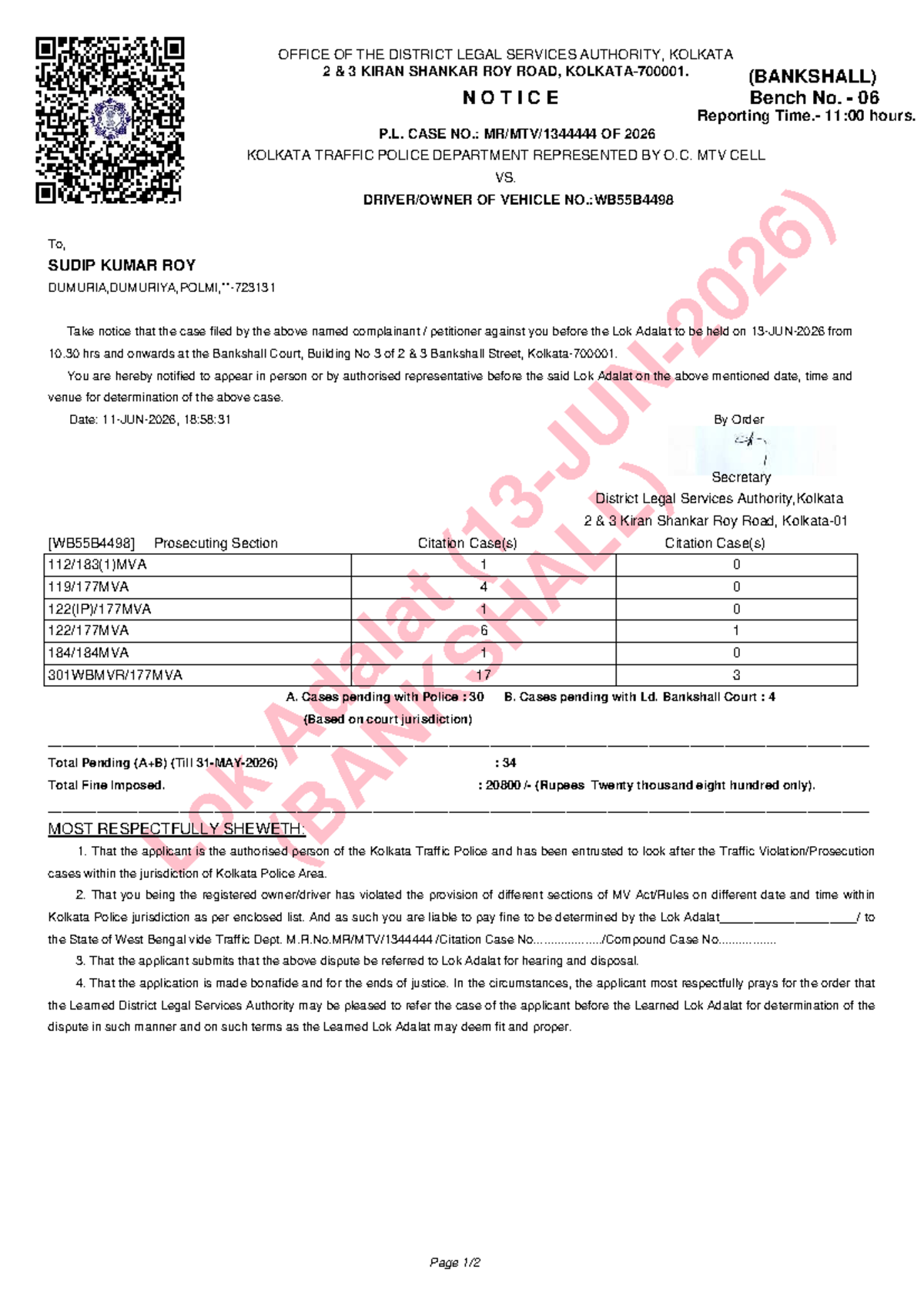 KOLKATA DISTRICT LEGAL SERVICES AUTHORITY NOTICE - P.L. CASE NO. 2026 ...
