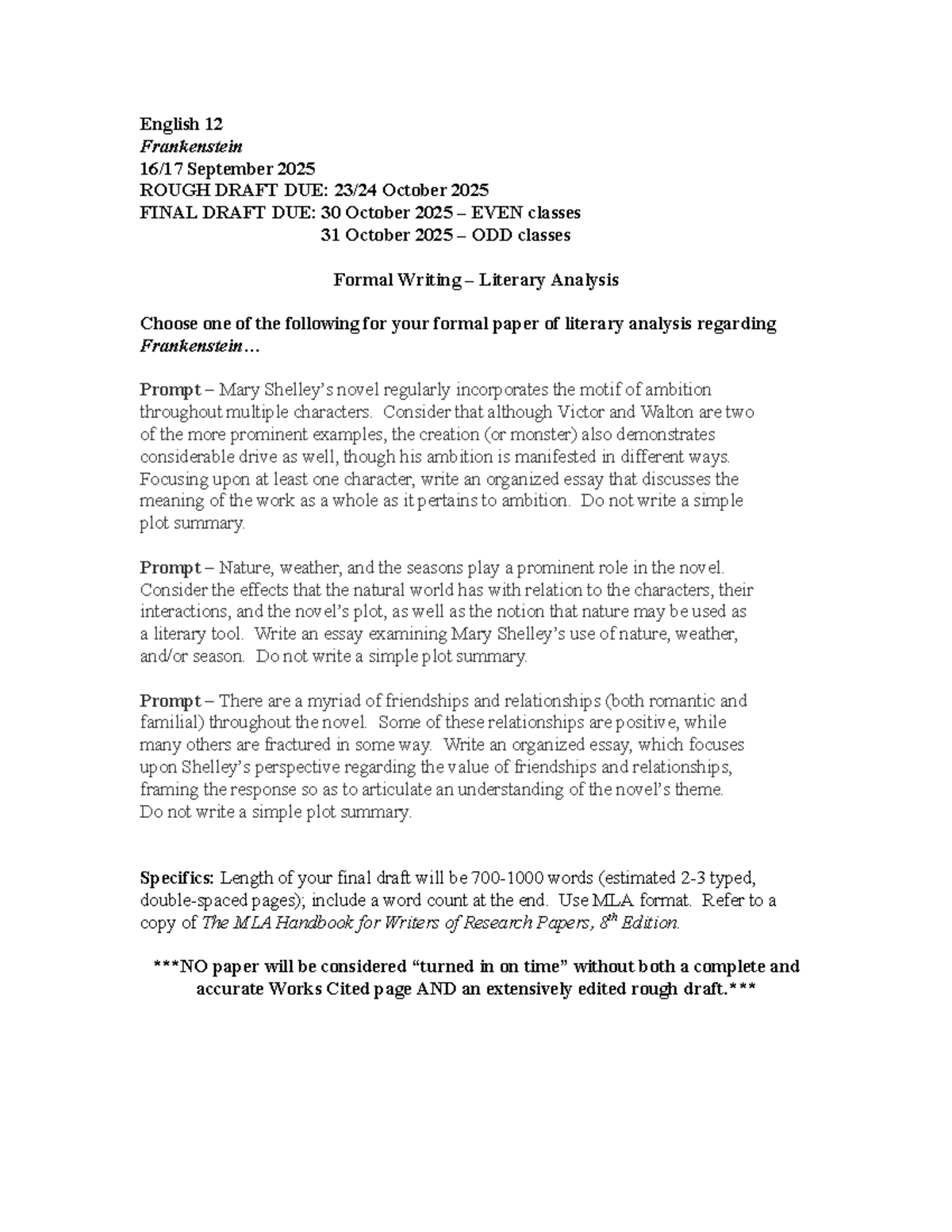 English 12 Literary Analysis: Ambition in Frankenstein (Final Draft ...