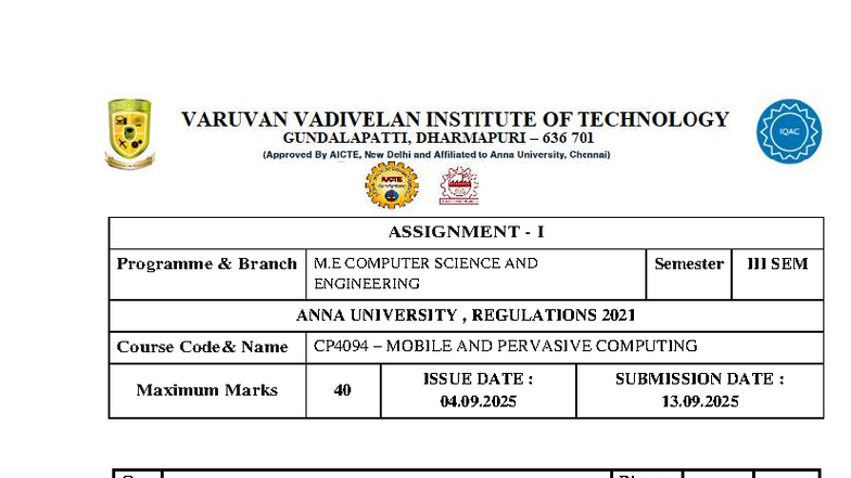 Assignment 1 MPC - NIL - ASSIGNMENT - I Programme & Branch M COMPUTER SCIENCE AND ENGINEERING ...