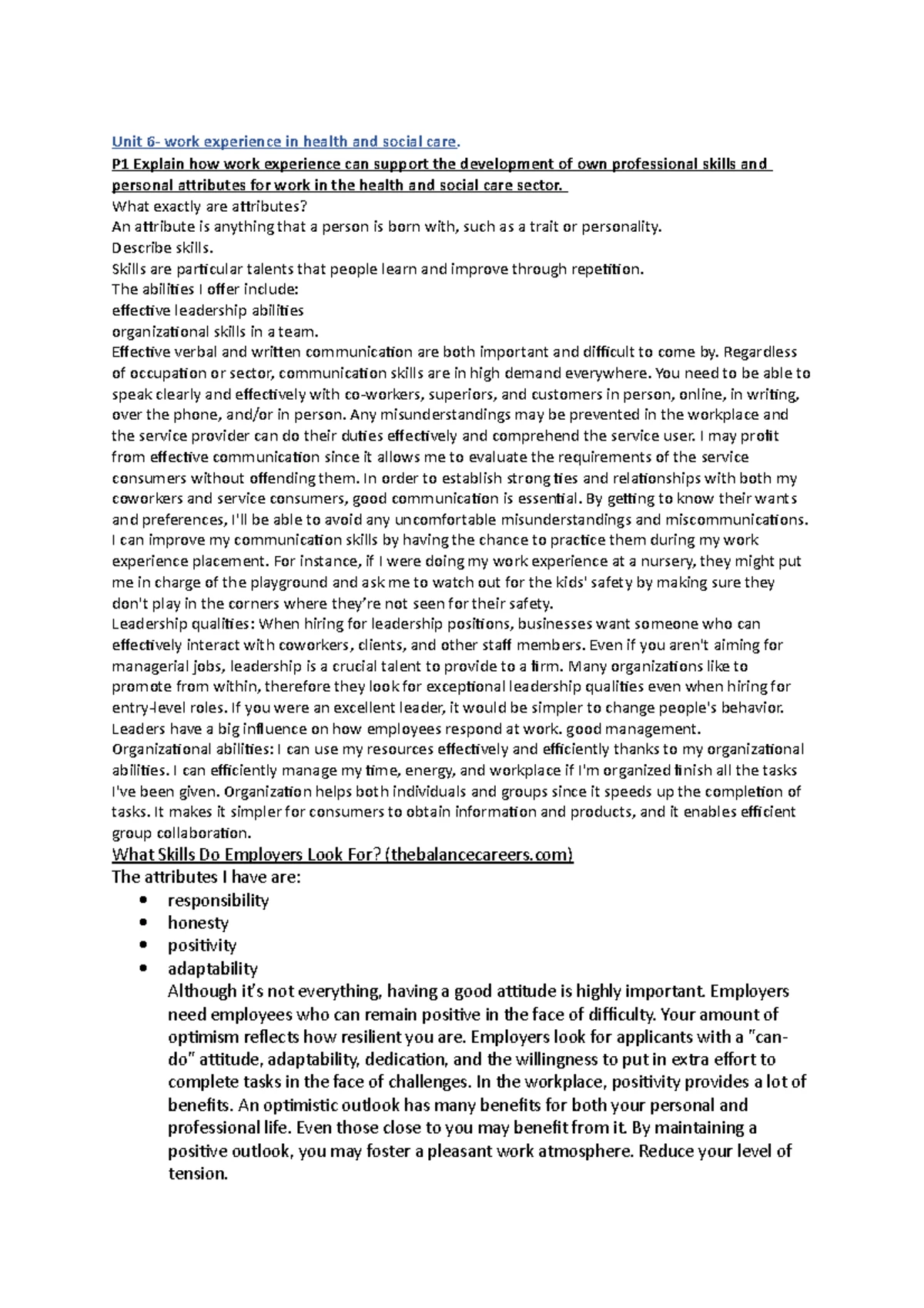 Unit 6 - unit 6 assigment - Unit 6- work experience in health and ...