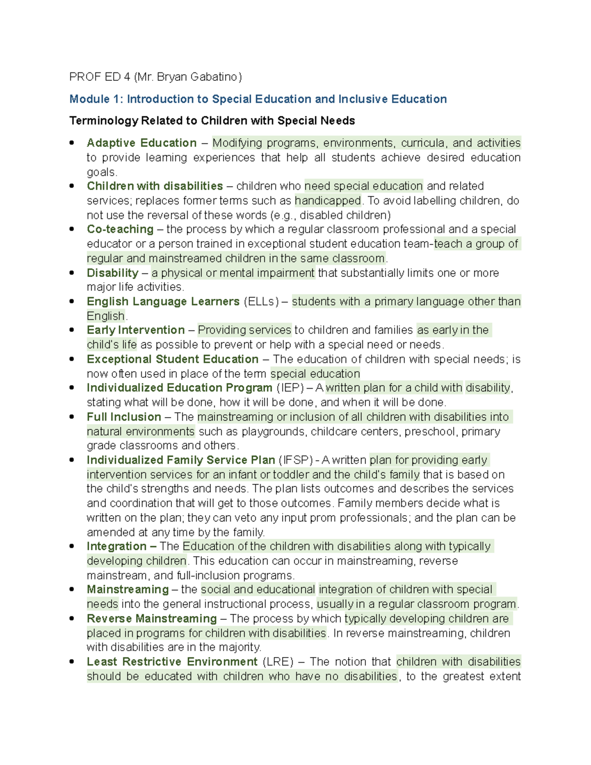 Module 1: Foundations of SPED & Inclusive Education - PROF ED 4 Notes ...