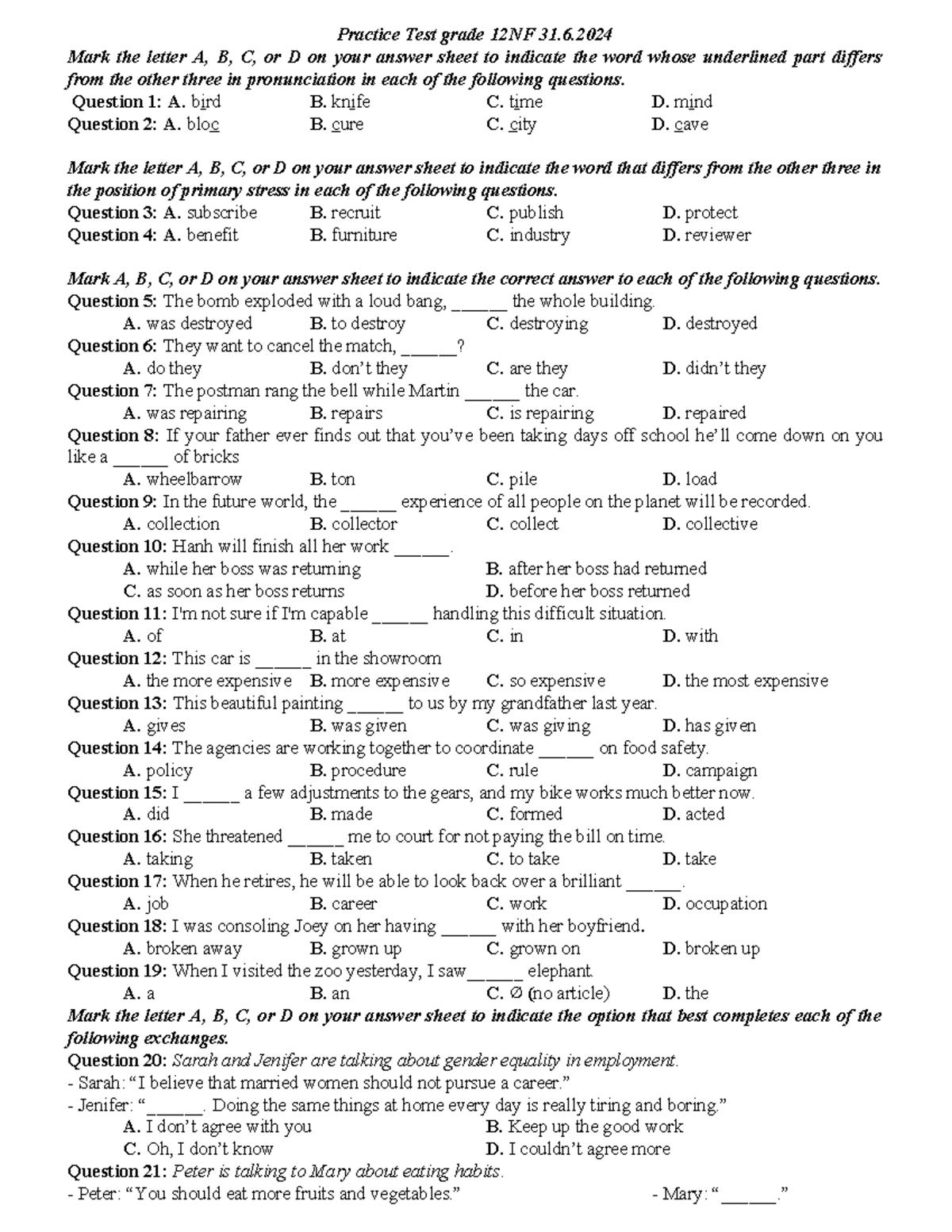 Practice Test Grade 12NF: Listening & Vocabulary Skills Assessment ...
