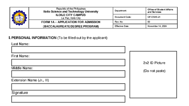 ILOILO CITY CAMPUS Admission Application Form 1A (Baccalaureate) - Studocu