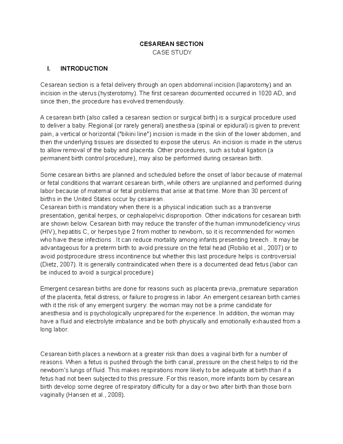 Case Study on Cesarean Section: Indications and Nursing Care Plan - Studocu