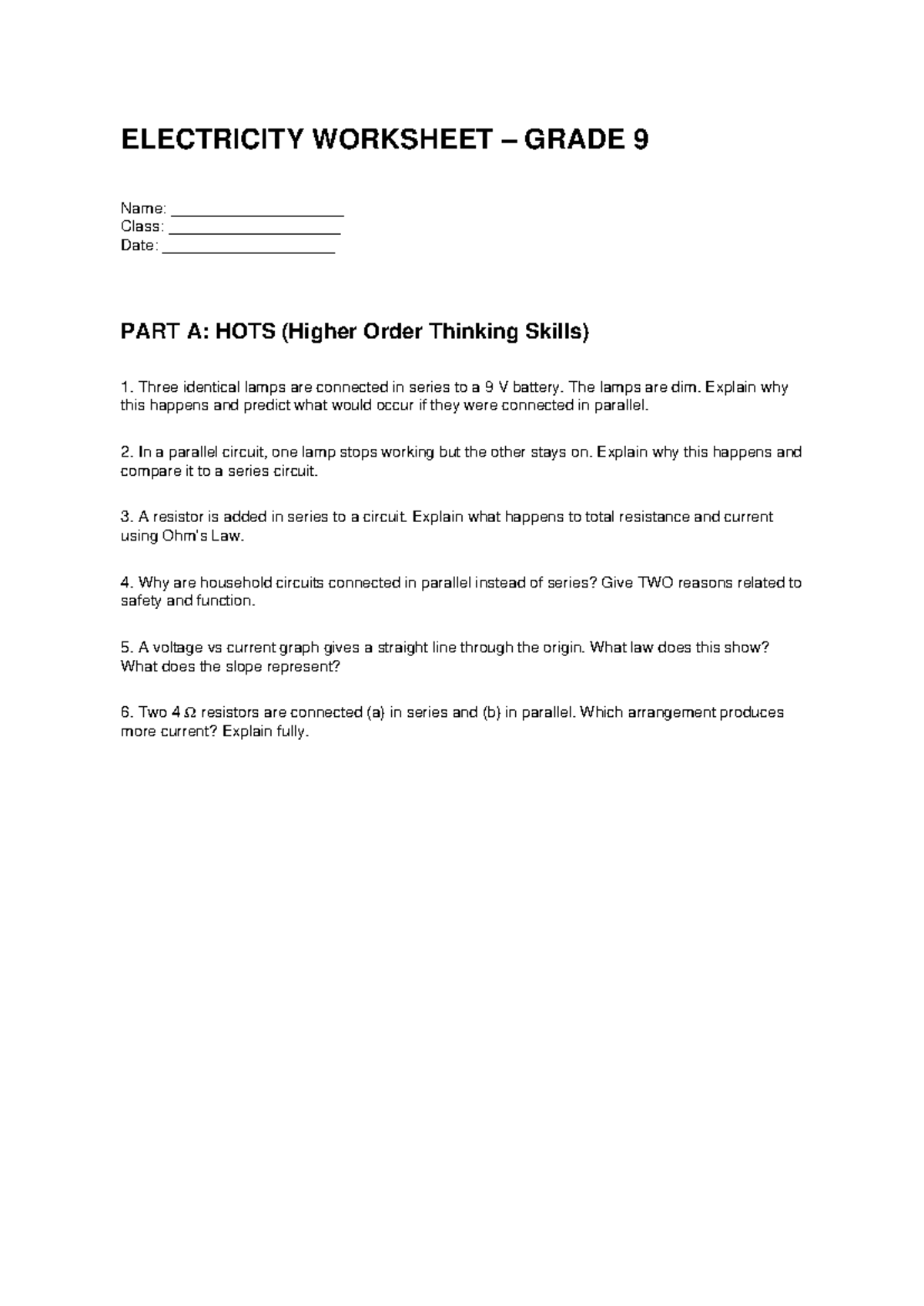 Grade 9 Electricity Worksheet: HOTS & Circuit Analysis - Studocu