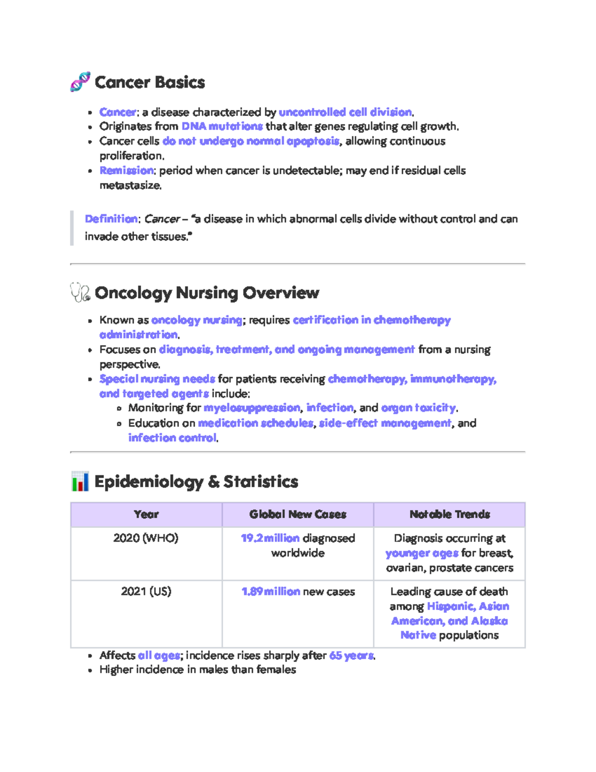 Oncology Nursing Overview: Week 1 Cancer Basics and Management Notes ...
