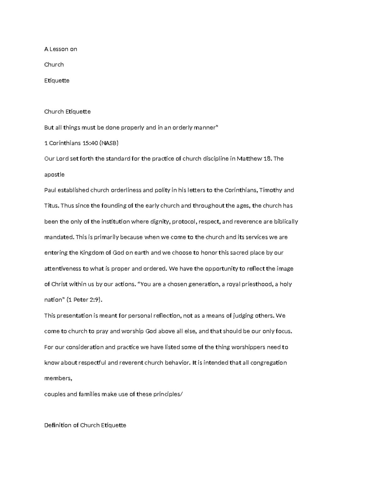 Christian Etiquette Lessons: Guidelines for Worship Etiquette - Studocu