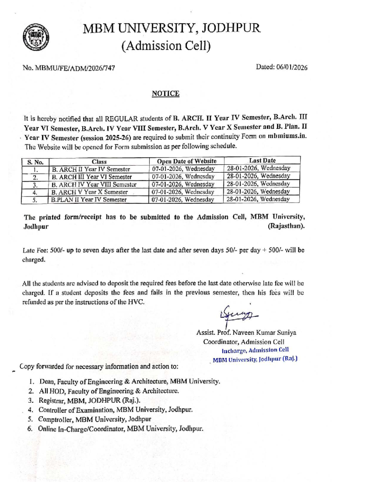 MBM University Admission Notice: Continuity Form Submission B.Arch 2025 ...