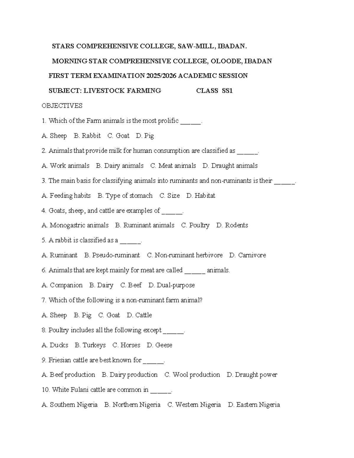 Livestock Farming SS1 First Term Exam Questions and Answers - Studocu