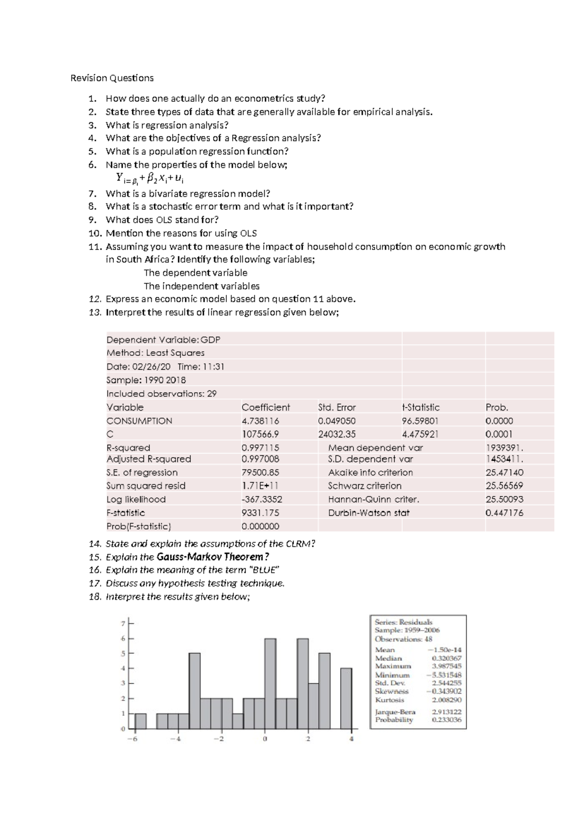 Econometrics (ECO 302): Practice Questions for Final Exam Revision ...