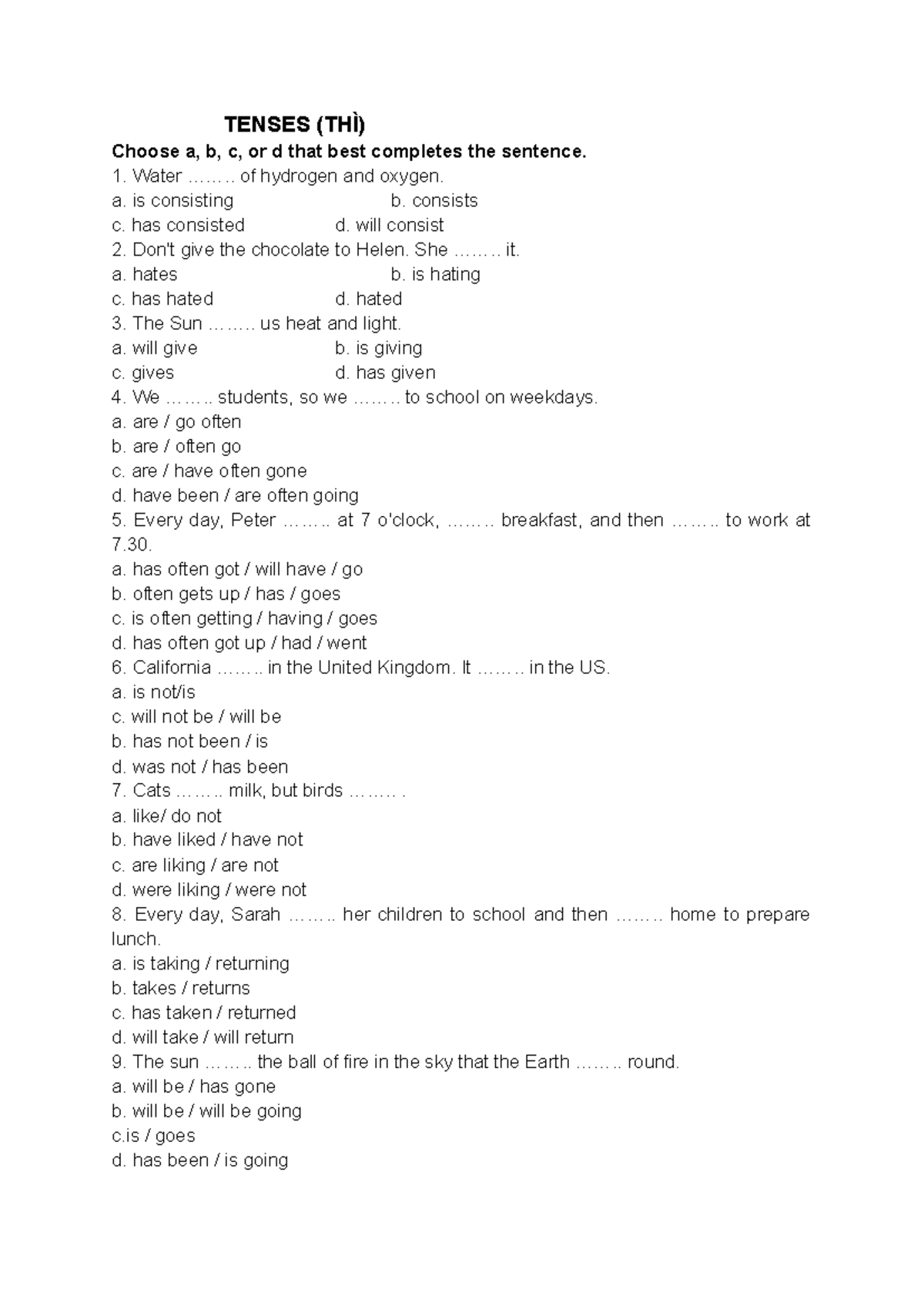 TENSES (THÌ) - Exercises and Answers for English Grammar - Studocu