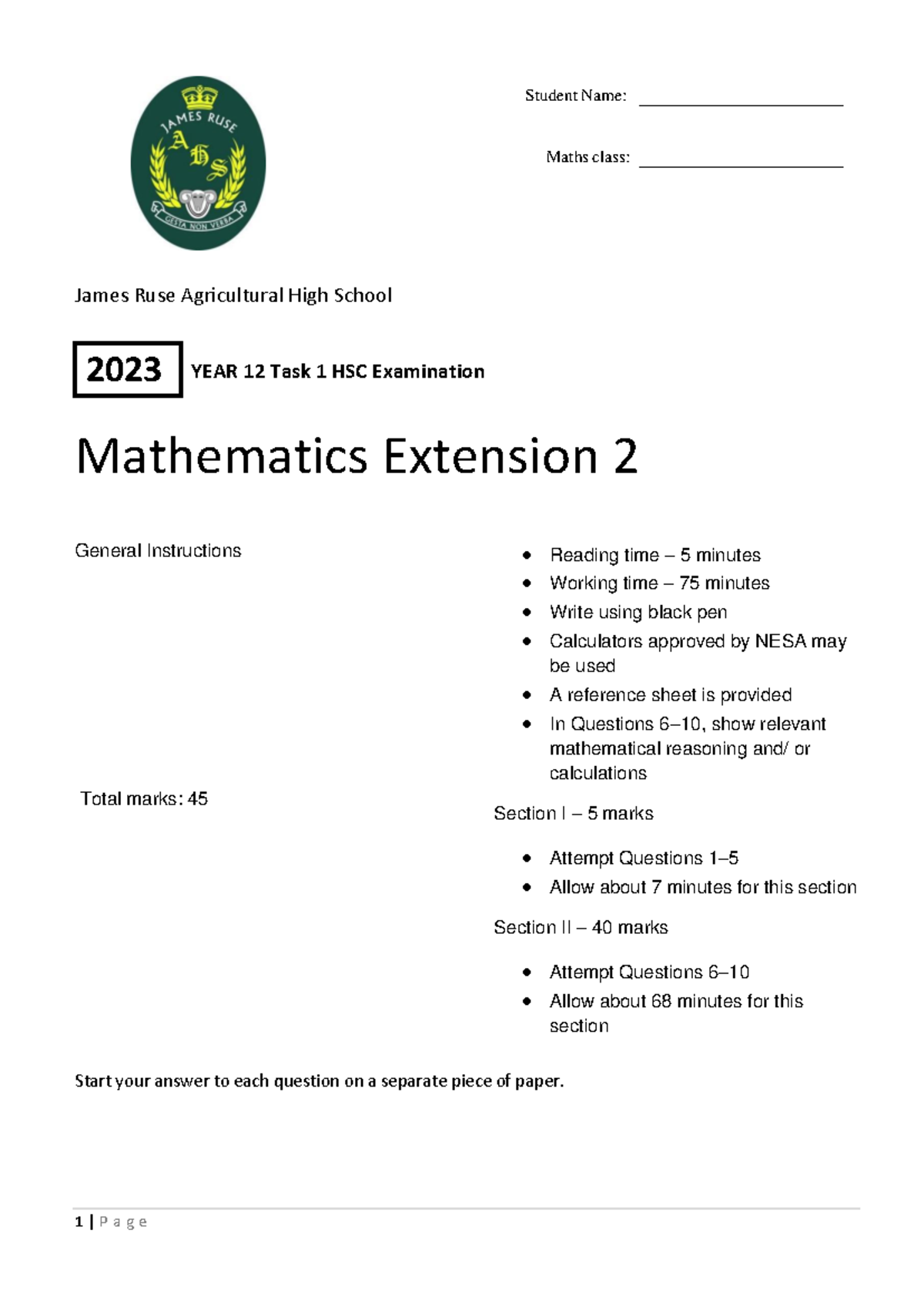 4U Yr11 T4 JRAH 2023 - ruse - Student Name: Maths class: James Ruse ...