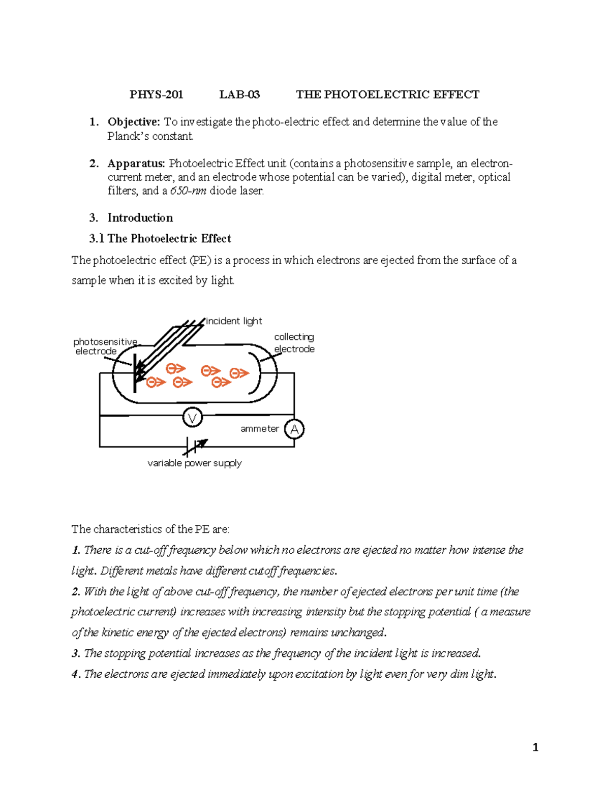 PHYS-201 LAB-03: Investigating the Photoelectric Effect Experiment ...