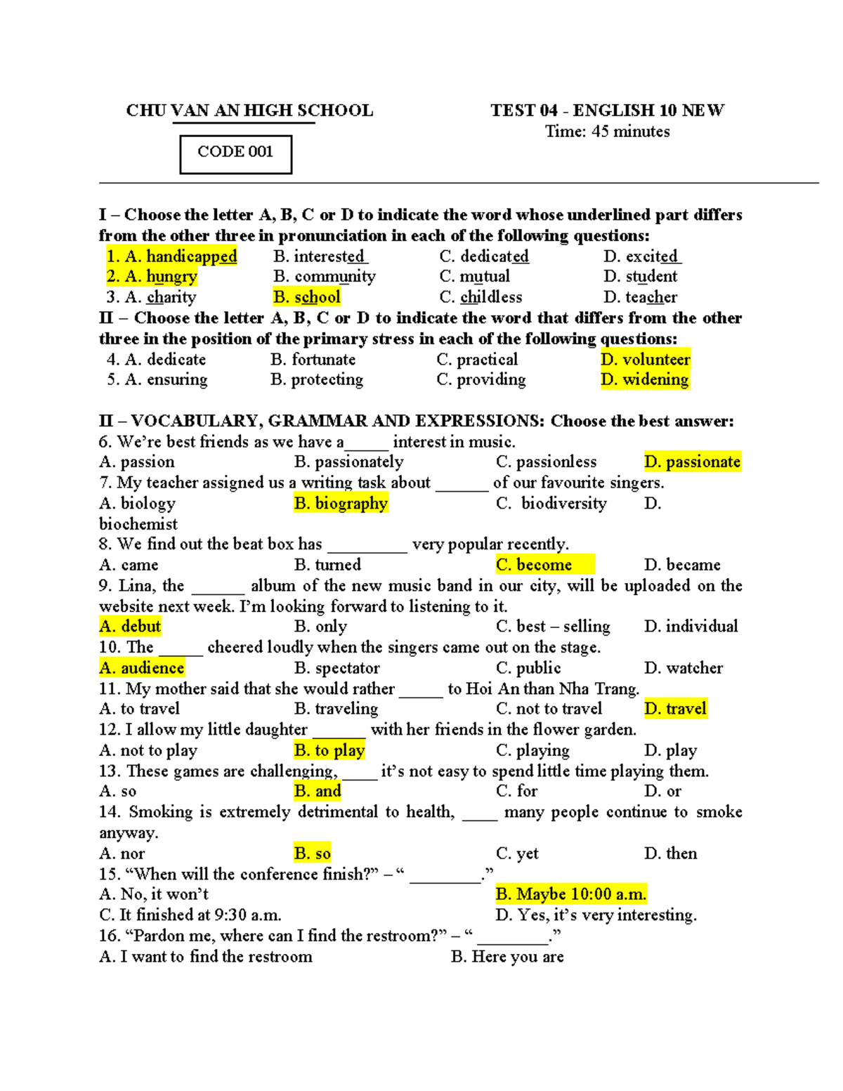 K10 - Revision Notes for English Test 04 (45 min) - Studocu
