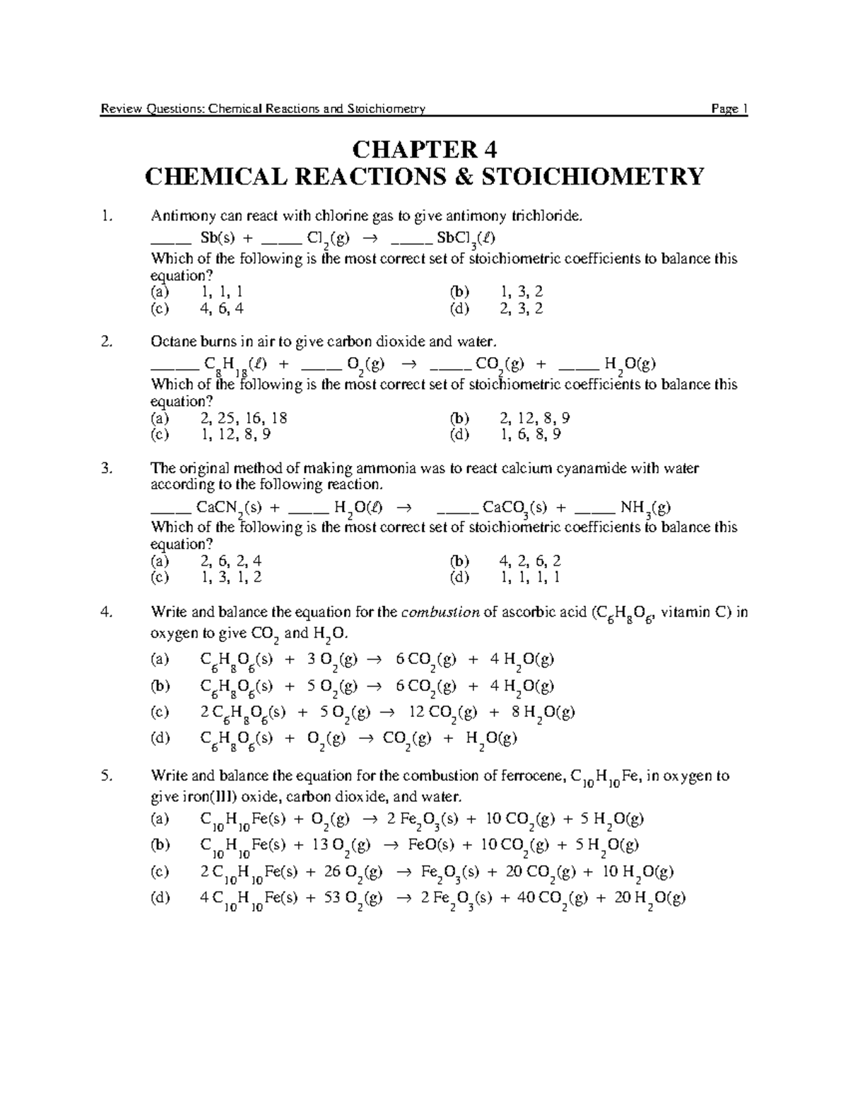 Ch4Stoichio - Review Questions on Chemical Reactions & Stoichiometry ...