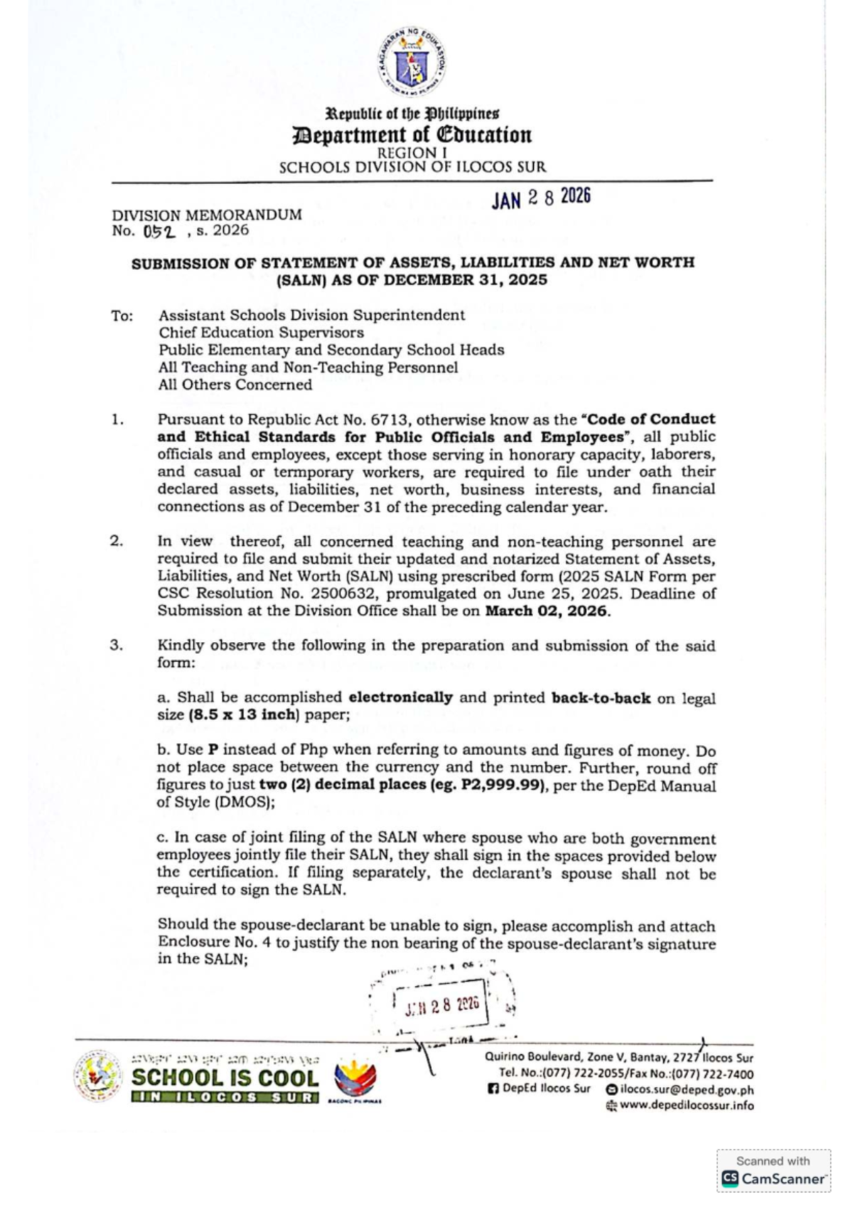 DM No. 052, S. 2026 - Submission of SALN as of Dec 31, 2025 - Studocu