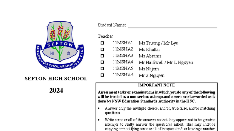 2024 HSC Maths Advanced Task 1 - Sefton High School Exam Guide - Studocu