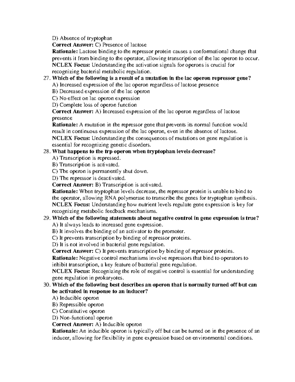 Genetics Test Bank: NCLEX Focus on Operon Regulation (Course Code: 6766 ...