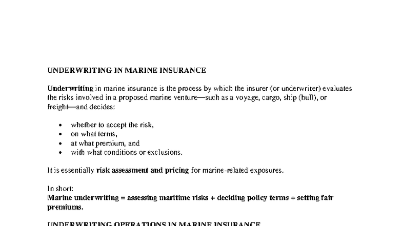 Underwriting, Clauses & Warranties in Marine Insurance (2025-26) - Studocu